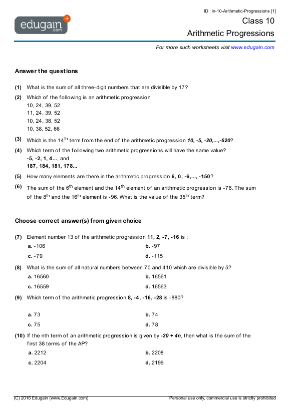 Class 10 Math Worksheets and Problems: Arithmetic Progressions ...