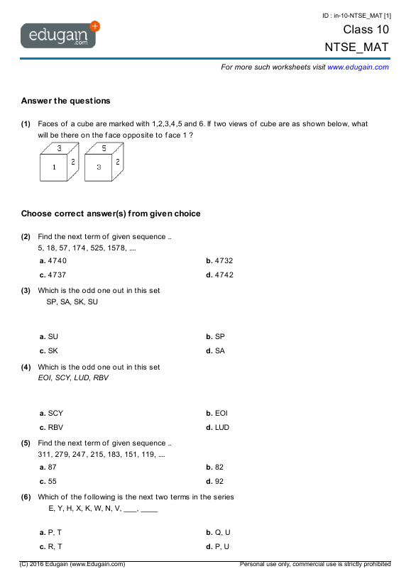 Class 10 Math Worksheets and Problems: NTSE_MAT | Edugain India
