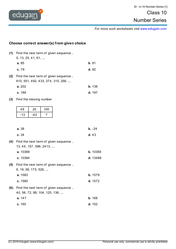 Class 10 Math Worksheets and Problems: Number Series | Edugain India