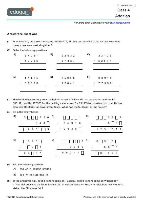 Class 4 Math Worksheets and Problems: Addition | Edugain India