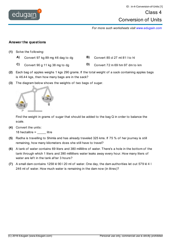 Class 4 Math Worksheets and Problems: Conversion of Units | Edugain India