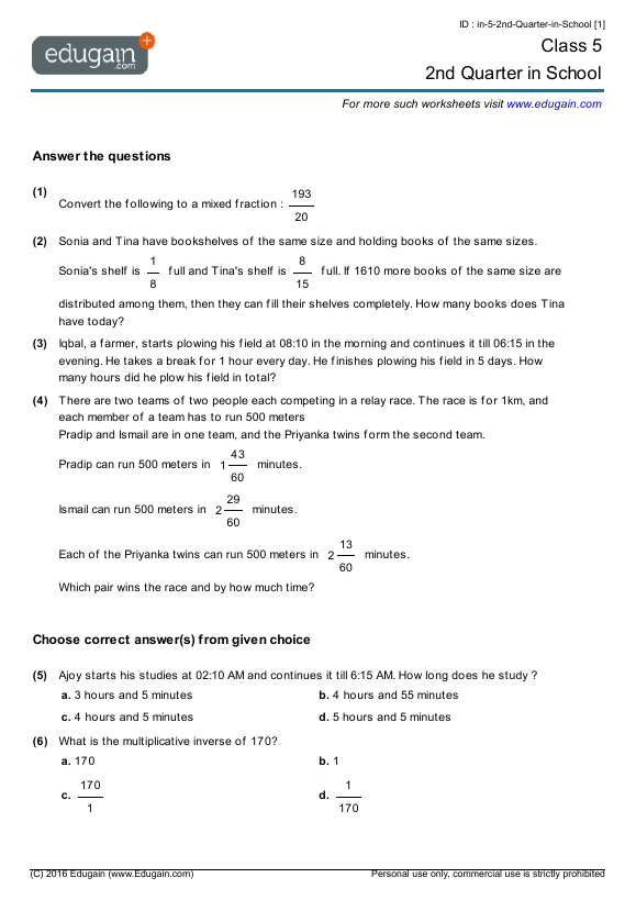Class 5 Math Worksheets and Problems: 2nd Quarter in School | Edugain India
