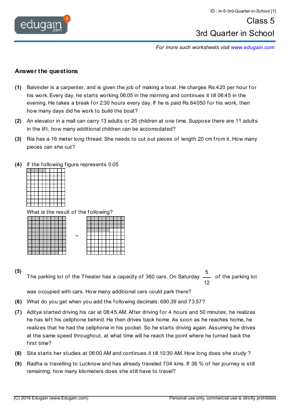 Class 5 Math Worksheets and Problems: 3rd Quarter in School | Edugain India