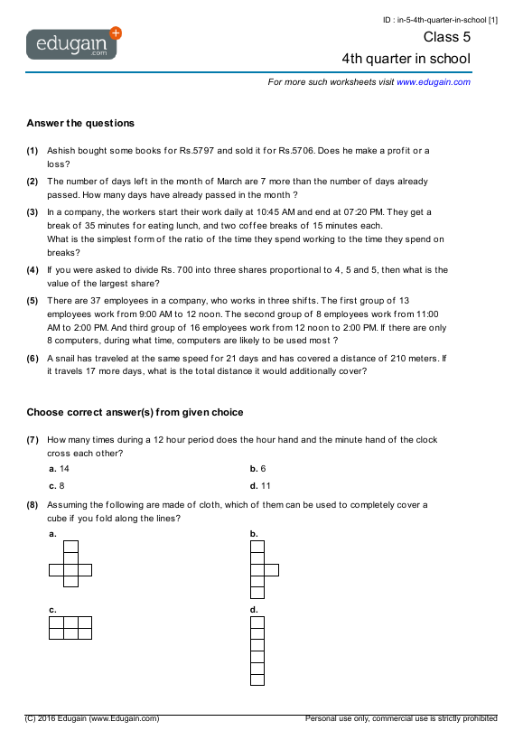 Class 5 Math Worksheets and Problems: 4th quarter in school | Edugain India