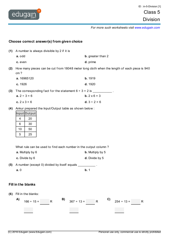 Class 5 Math Worksheets and Problems: Division | Edugain India