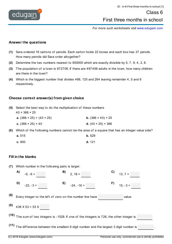 Class 6 Math Worksheets and Problems: First three months in school ...
