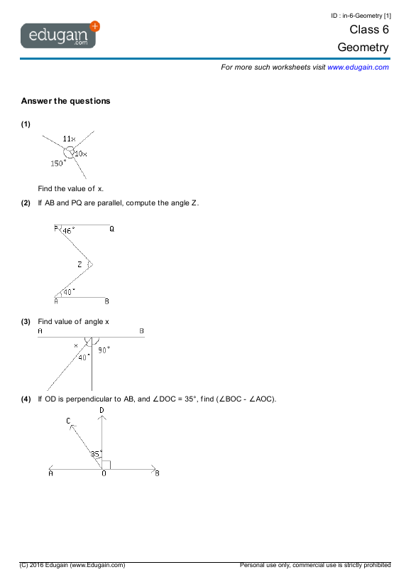 Class 6 Math Worksheets and Problems: Geometry | Edugain India