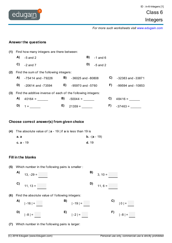 Class 6 Math Worksheets and Problems: Integers | Edugain India