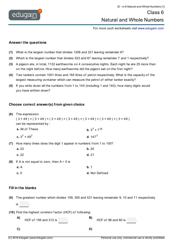 Class 6 Math Worksheets and Problems: Natural and Whole Numbers ...