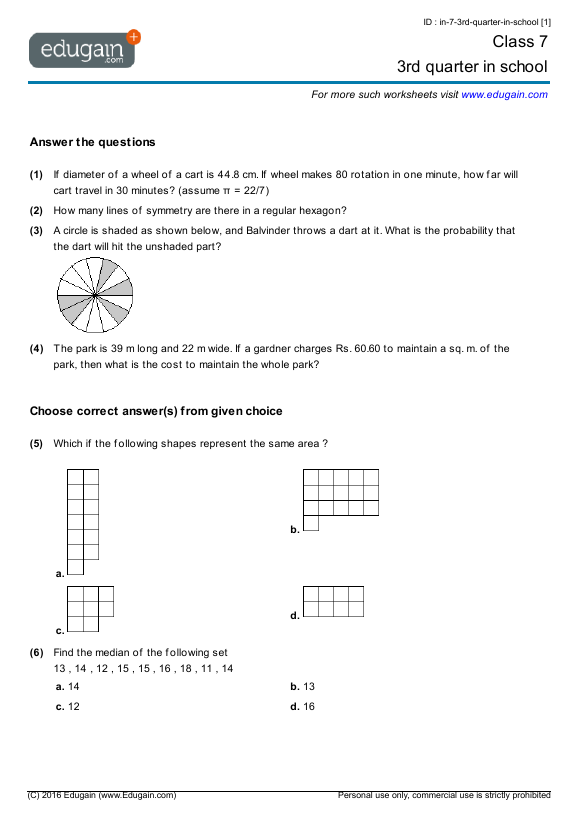 Class 7 Math Worksheets and Problems: 3rd quarter in school | Edugain India