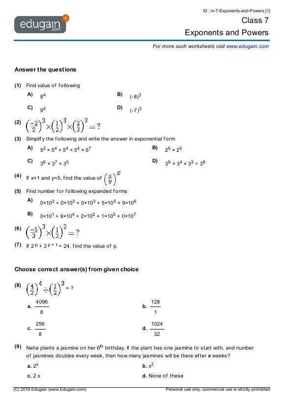 Class 7 Math Worksheets and Problems: Exponents and Powers | Edugain India