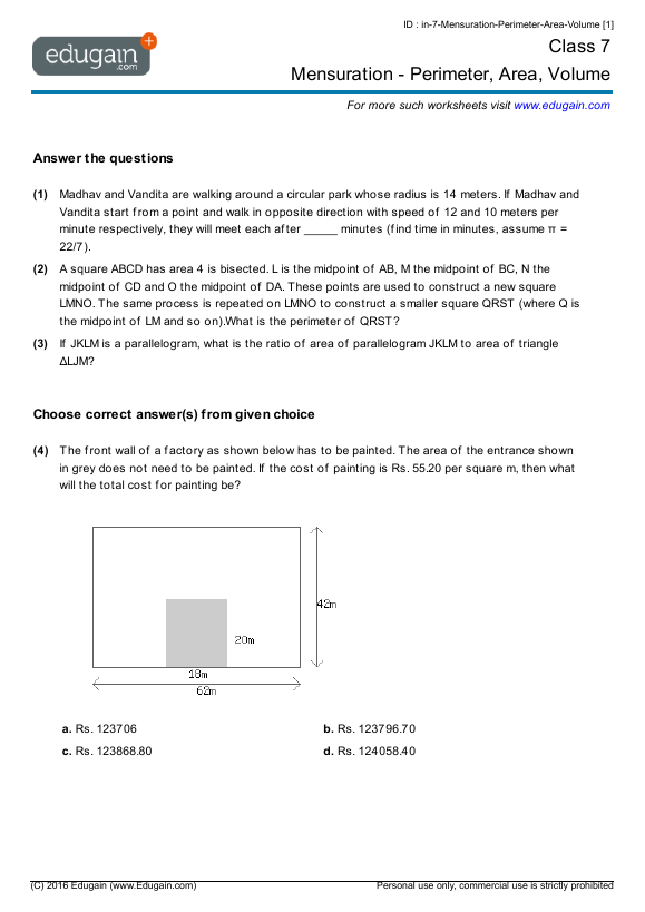 Class 7 Math Worksheets and Problems: Mensuration - Perimeter, Area ...