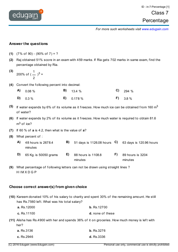 Class 7 Math Worksheets and Problems: Percentage | Edugain India