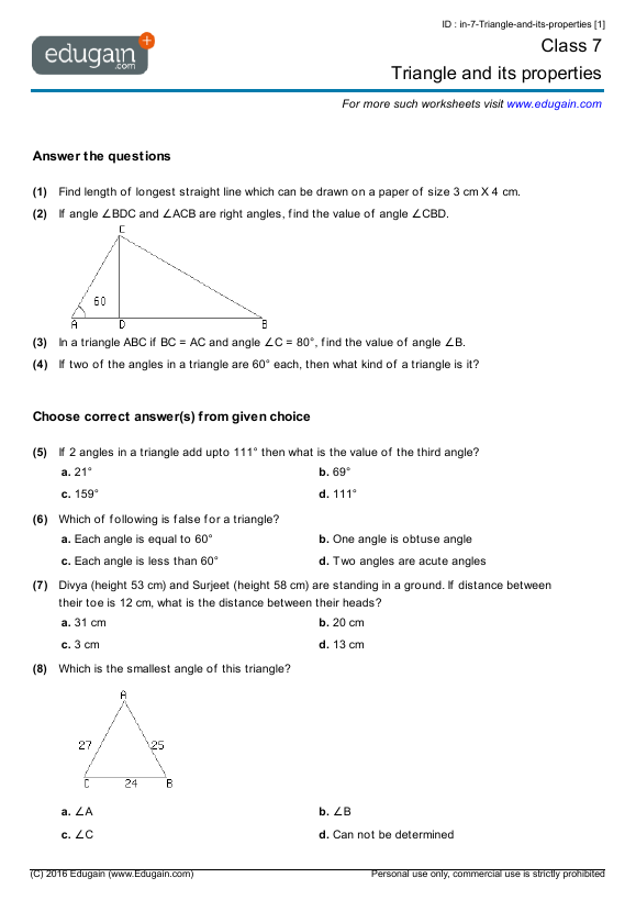 Class 7 Math Worksheets and Problems: Triangle and its properties ...