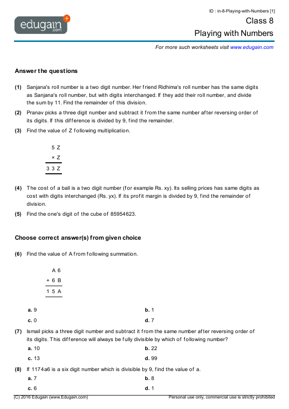 Class 8 Math Worksheets and Problems: Playing with Numbers | Edugain India