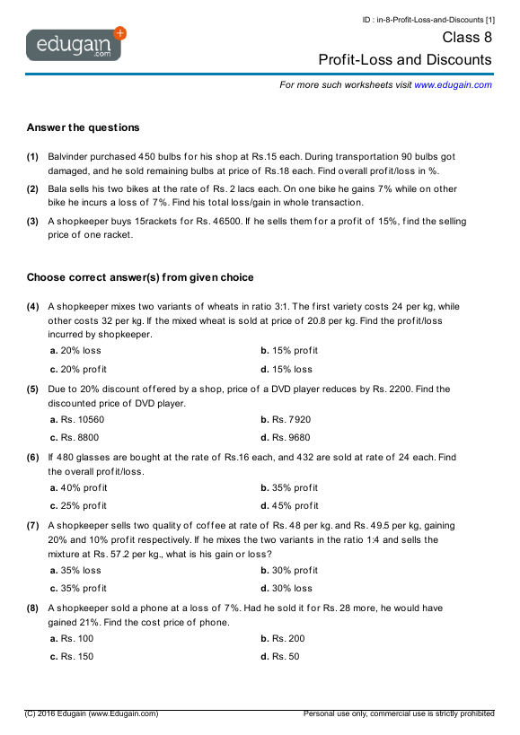 Class 8 Math Worksheets and Problems: Profit-Loss and Discounts | Edugain India