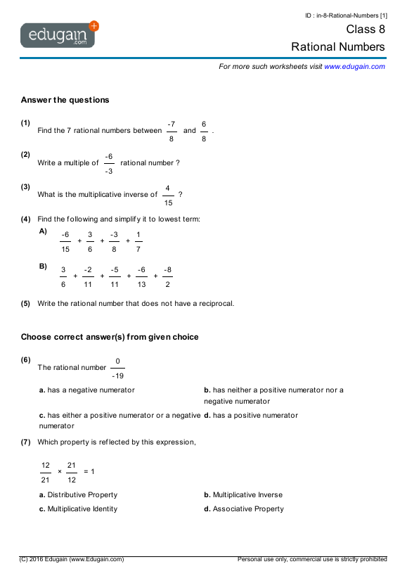 Class 8 Math Worksheets and Problems: Rational Numbers | Edugain India