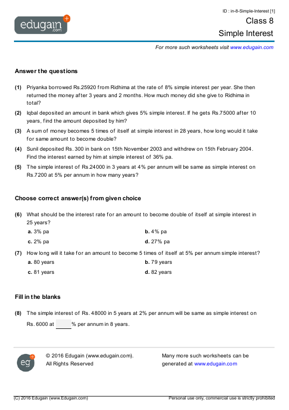 Class 8 Math Worksheets And Problems Simple Interest Edugain India