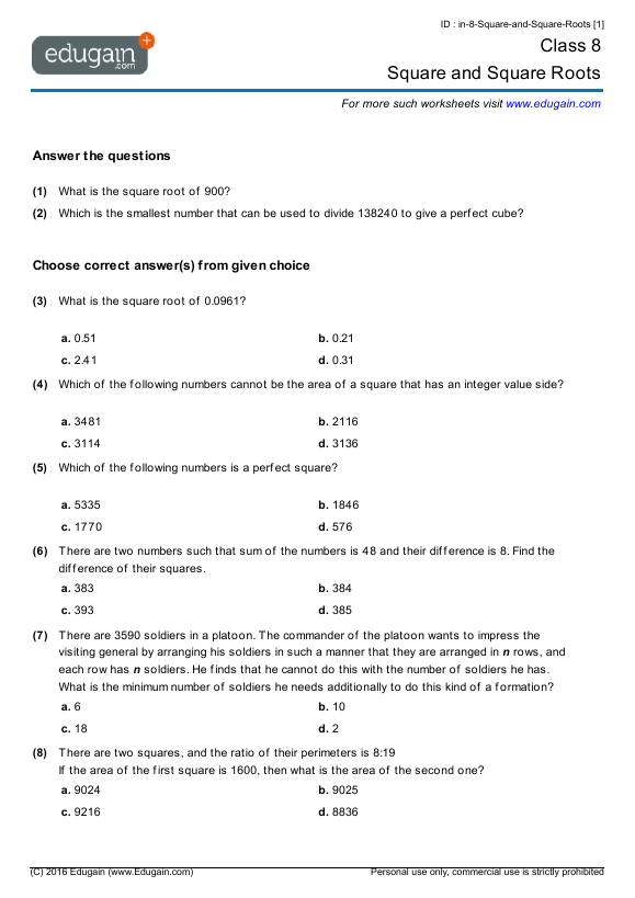 Class 8 Math Worksheets and Problems: Square and Square Roots | Edugain ...