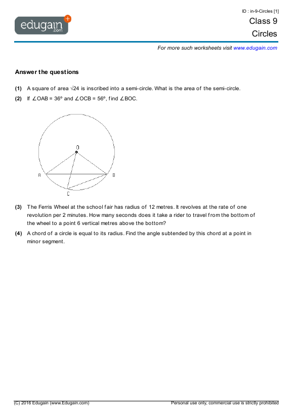 Class 9 Math Worksheets and Problems: Circles | Edugain India
