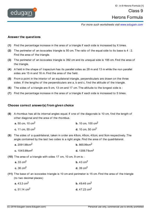 Class 9 Math Worksheets and Problems: Herons Formula | Edugain India