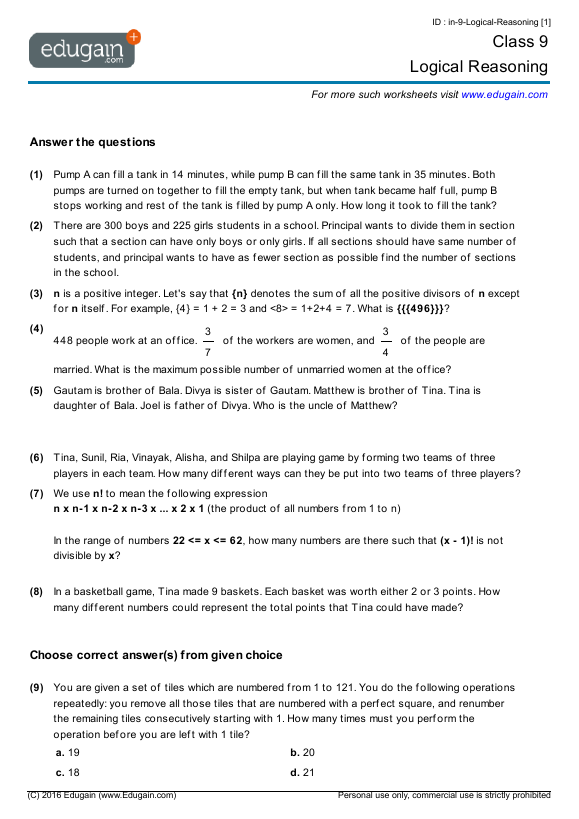 Class 9 Math Worksheets and Problems: Logical Reasoning | Edugain India