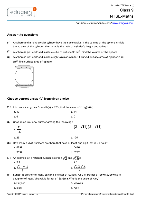 Class 9 NTSE-Maths: Printable Worksheets, Online Practice, Online Tests ...