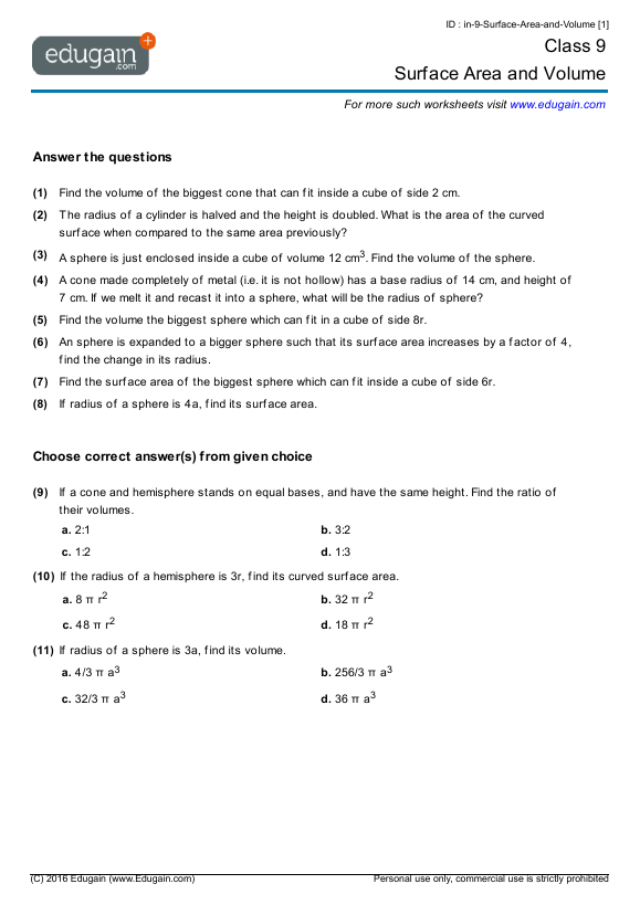 Class 9 Math Worksheets and Problems: Surface Area and Volume | Edugain ...